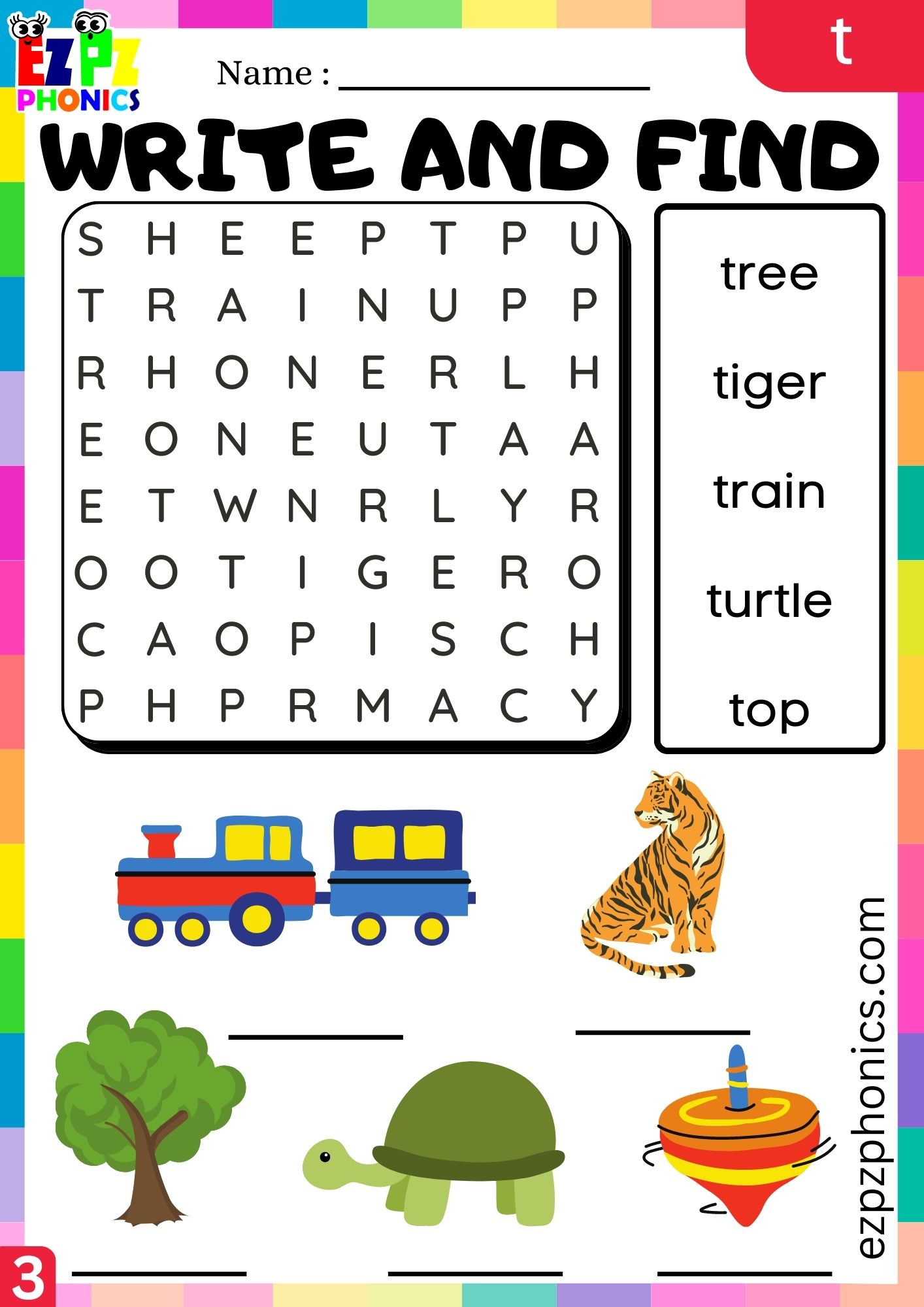 Letter t Word Search Write and Find the Words Group 3 - ezpzphonics.com